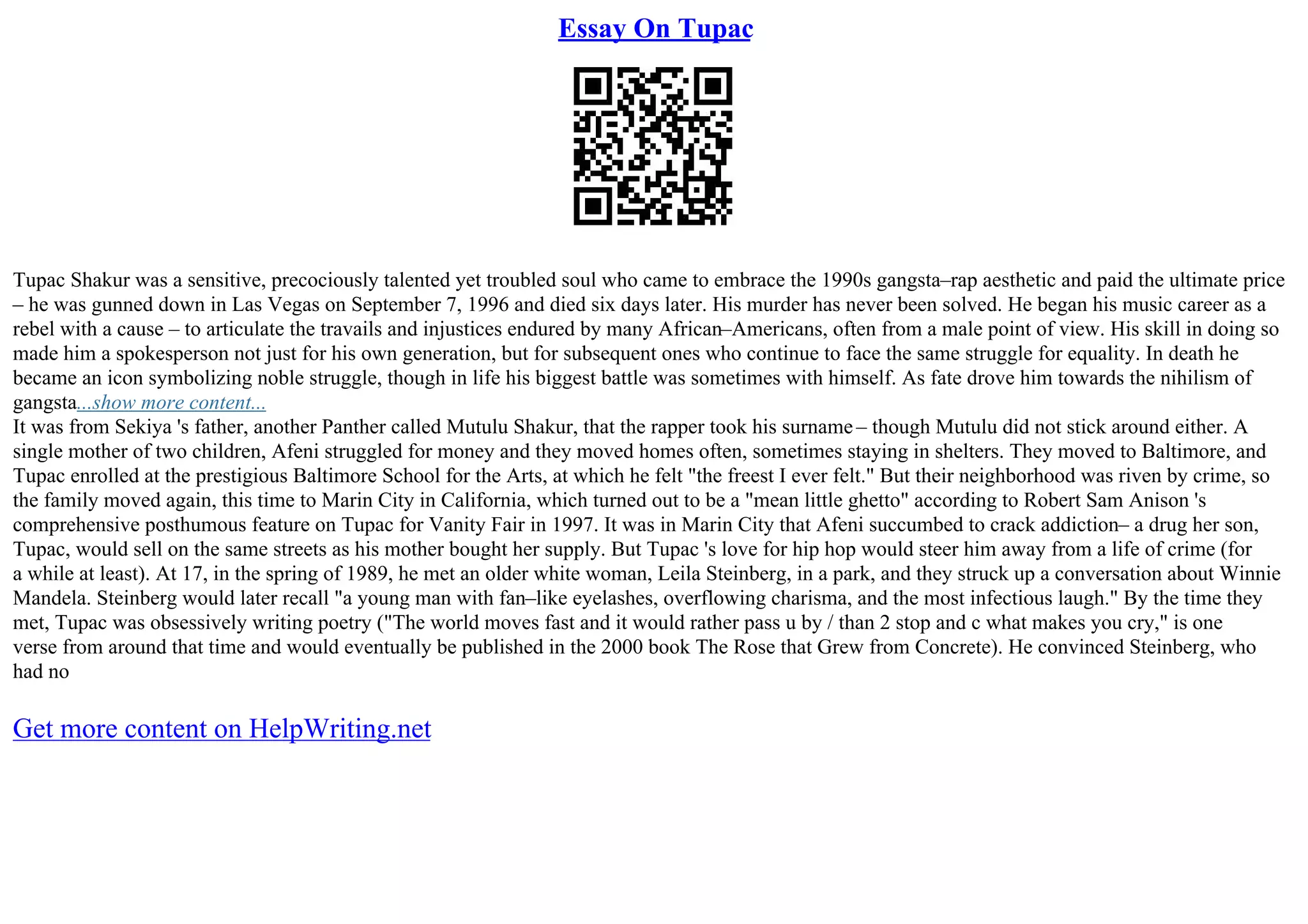 Biography On Tupac Shakur Essay | PDF