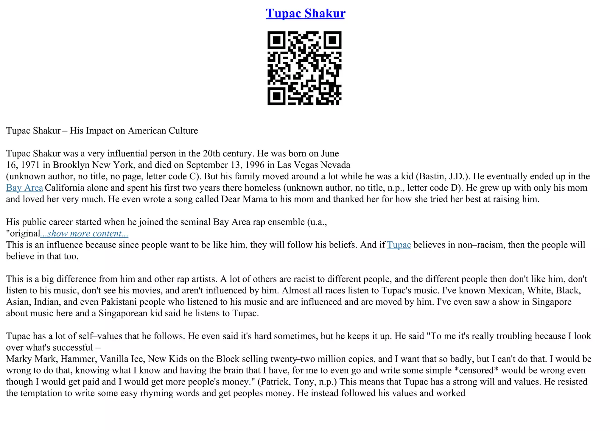 Biography On Tupac Shakur Essay | PDF