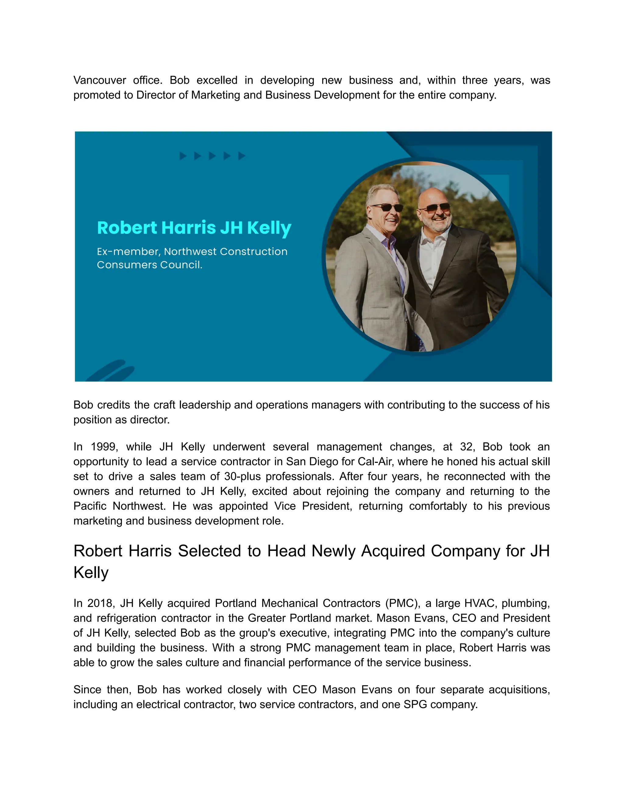Biography of Robert Harris JH Kelly | Executive Vice President ...
