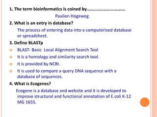 Bioinformatics for beginners (exam point of view) | PPTX