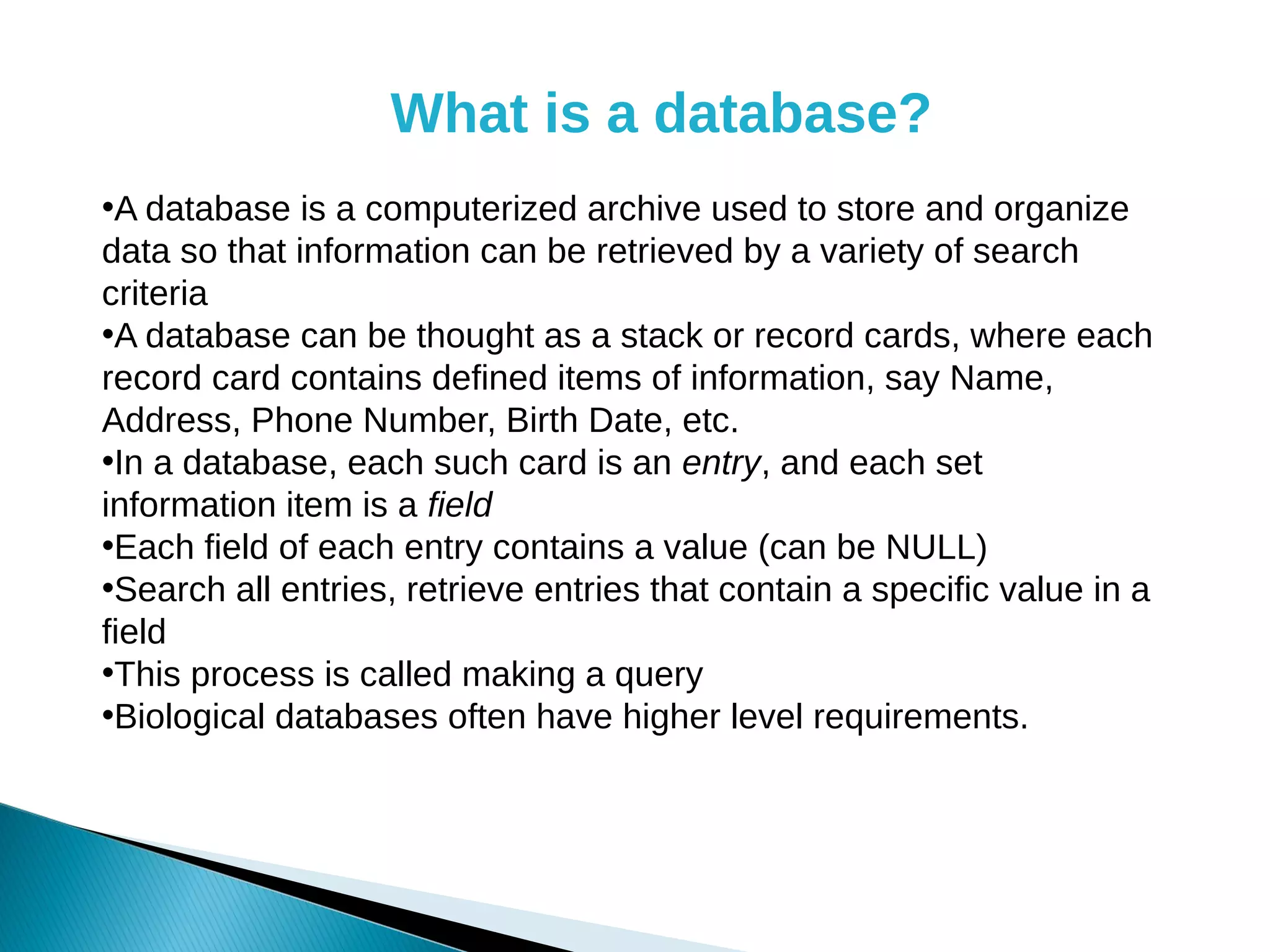 Bioinformatics Lecture 1 Ppt Databases Computer Software And