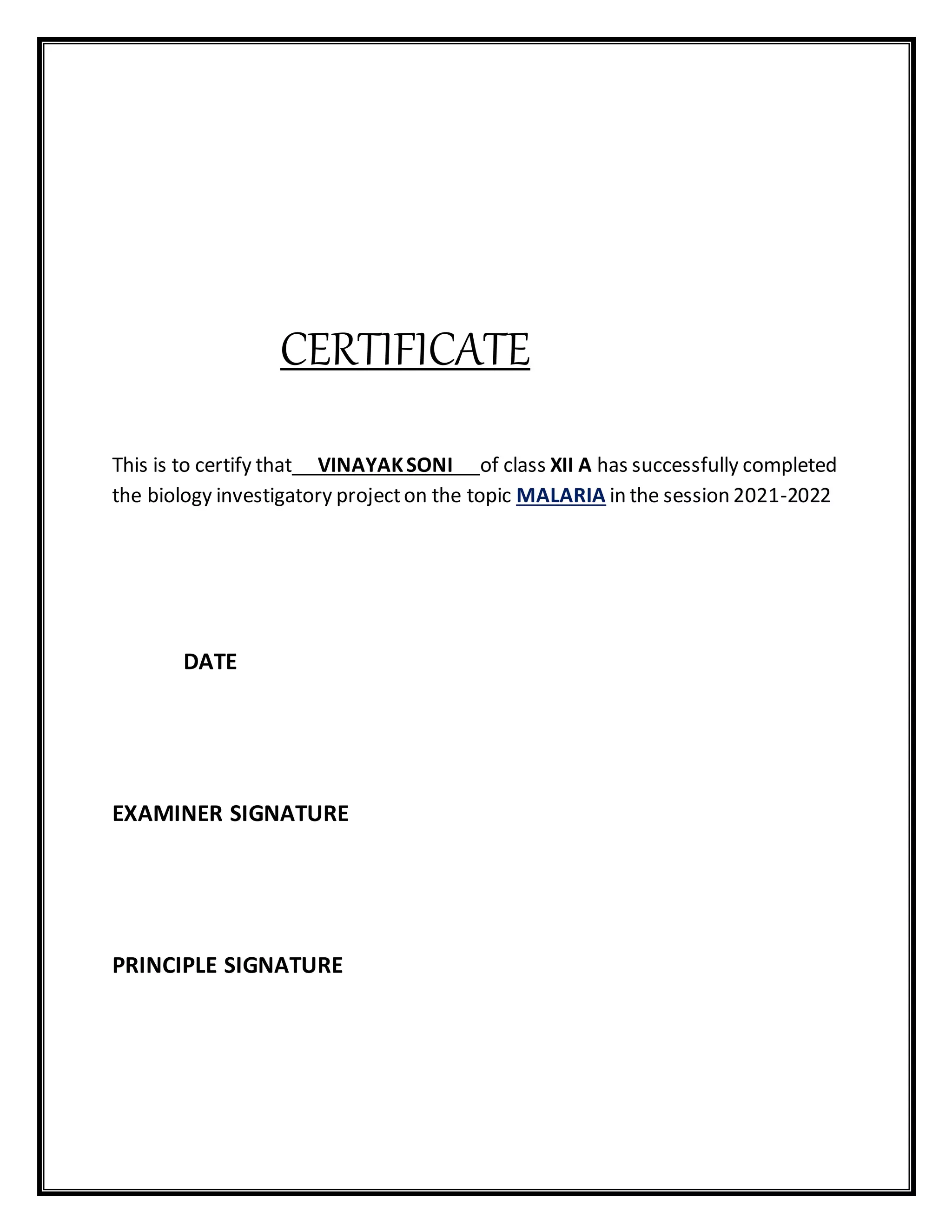 Biology investigatory project class 12 [malaria] | DOCX
