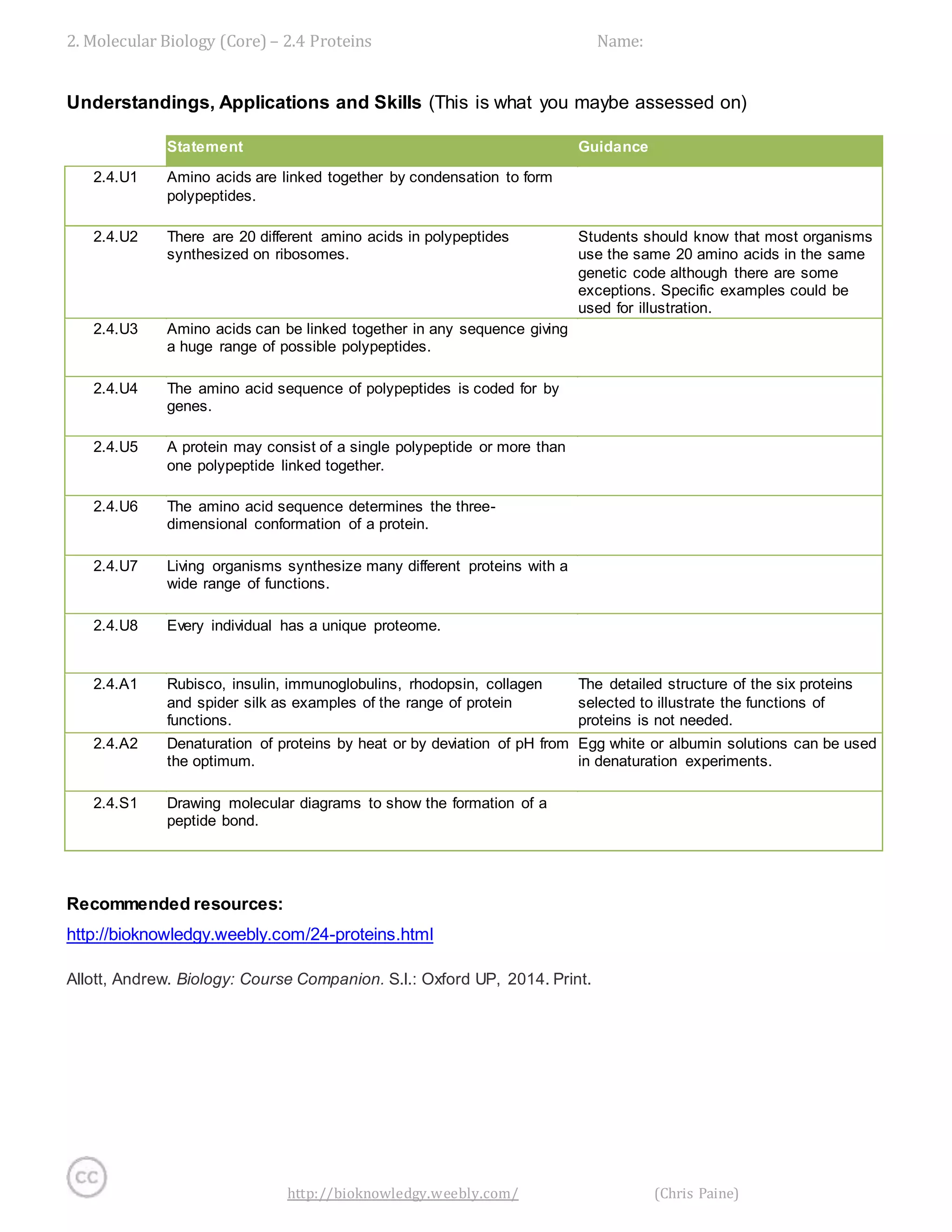 IB Biology Standard 2.4 Proteins Lecture | DOCX