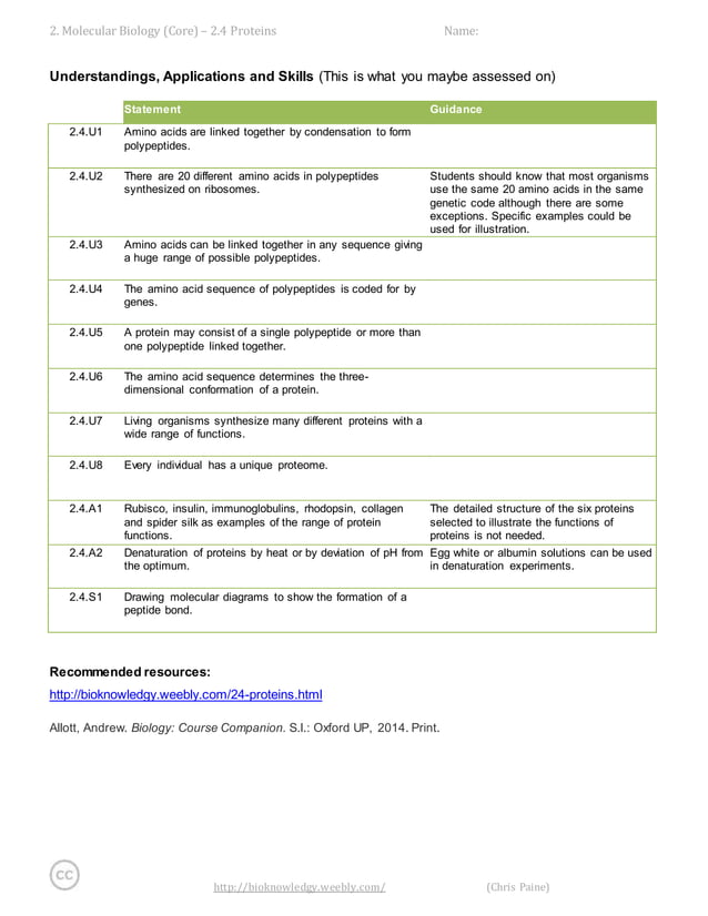 IB Biology Standard 2.4 Proteins Lecture | DOCX