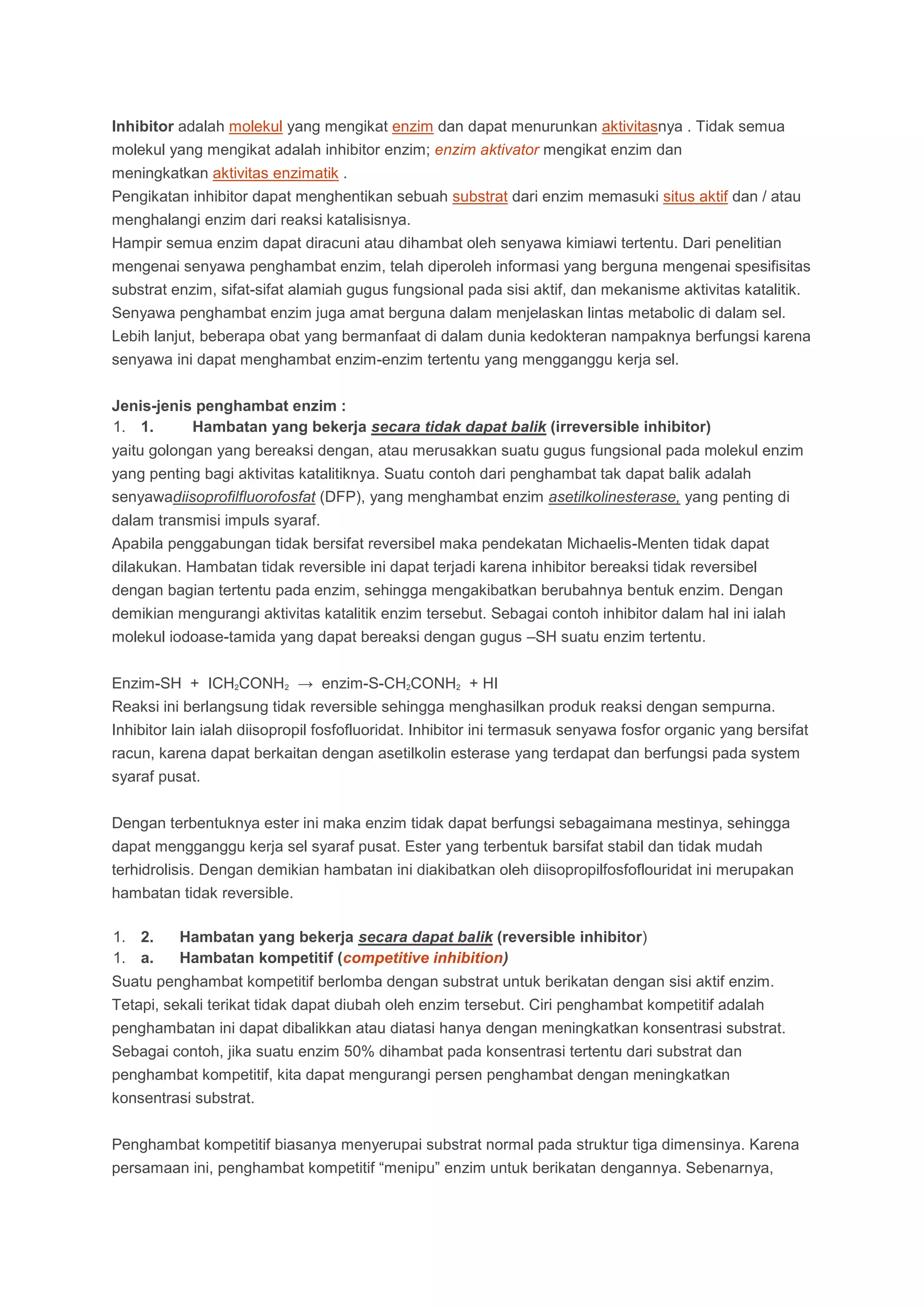 Biokimia inhibisi enzim dan mekanisme reaksi | DOCX