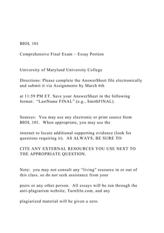BIOL 101 Comprehensive Final Exam – Essay Portion U.docx | Genetics ...