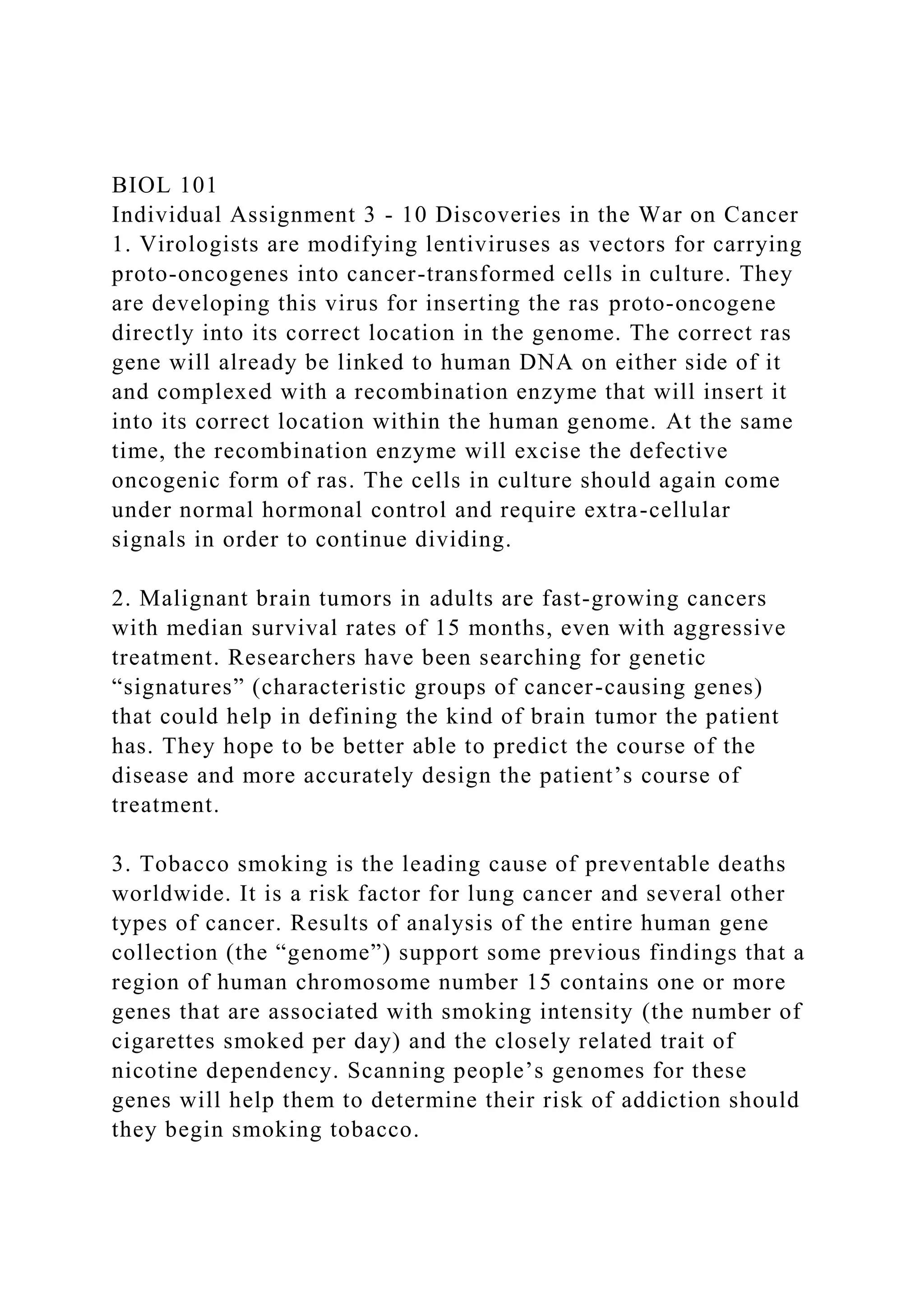 BIOL 101Individual Assignment 3 - 10 Discoveries in the War on C.docx
