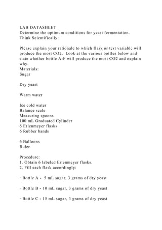 BIOL 102 Lab 7Yeast FermentationPRE-LAB ASSIGNMENT Stude.docx