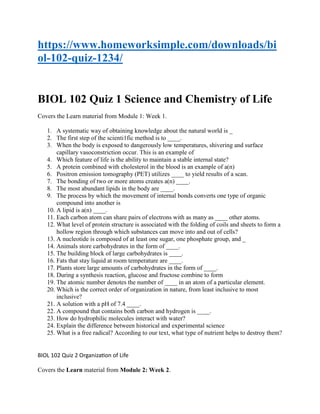 BIOL 102 Quiz 1,2,3,4 Liberty Answers Homeworksimple | DOCX
