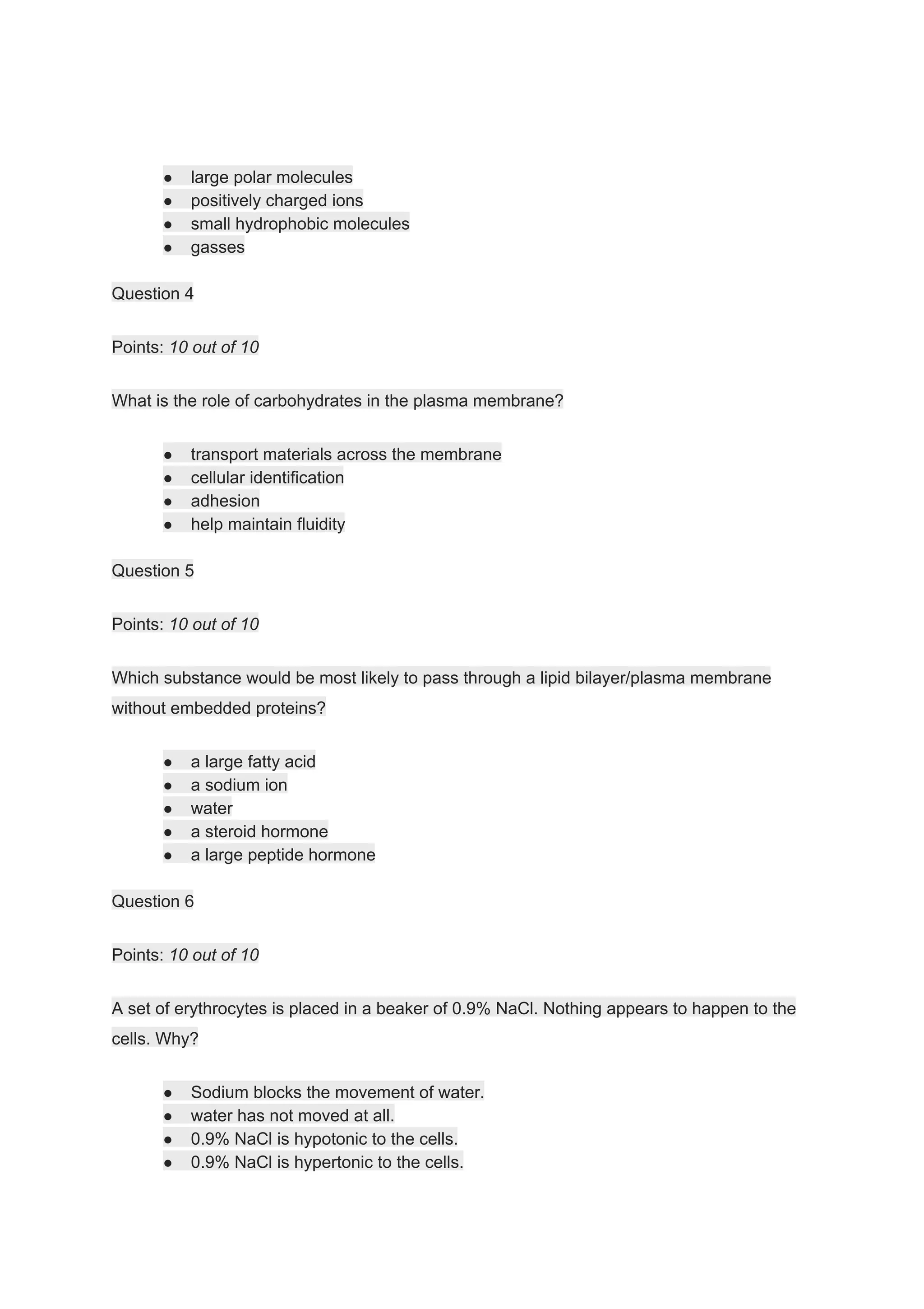 BIOL 103 CELL MEMBRANE QUIZ | PDF