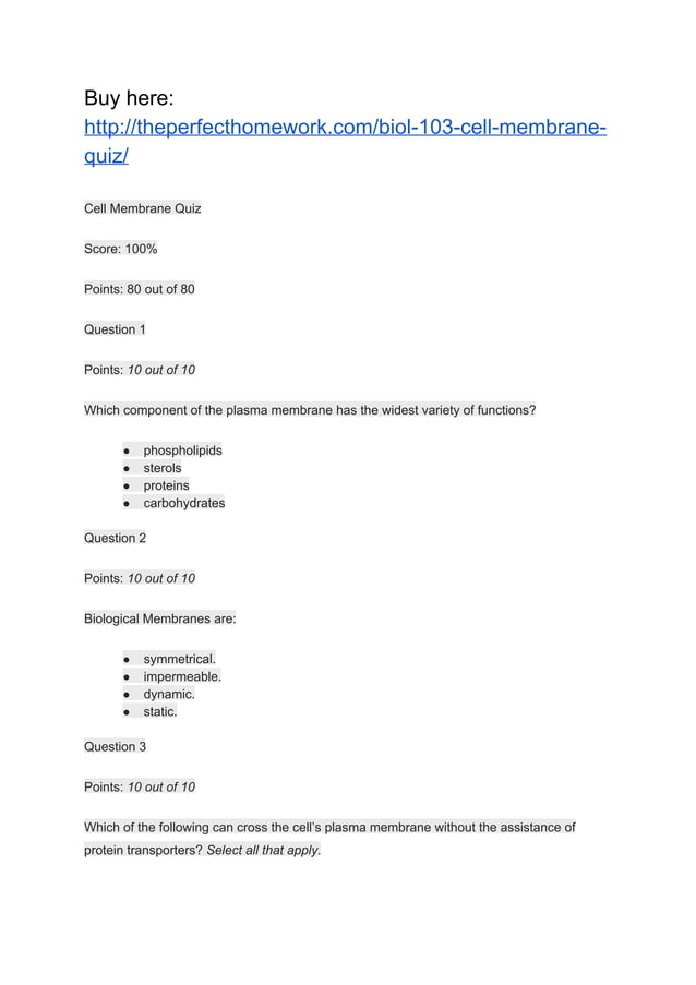 BIOL 103 CELL MEMBRANE QUIZ | PDF