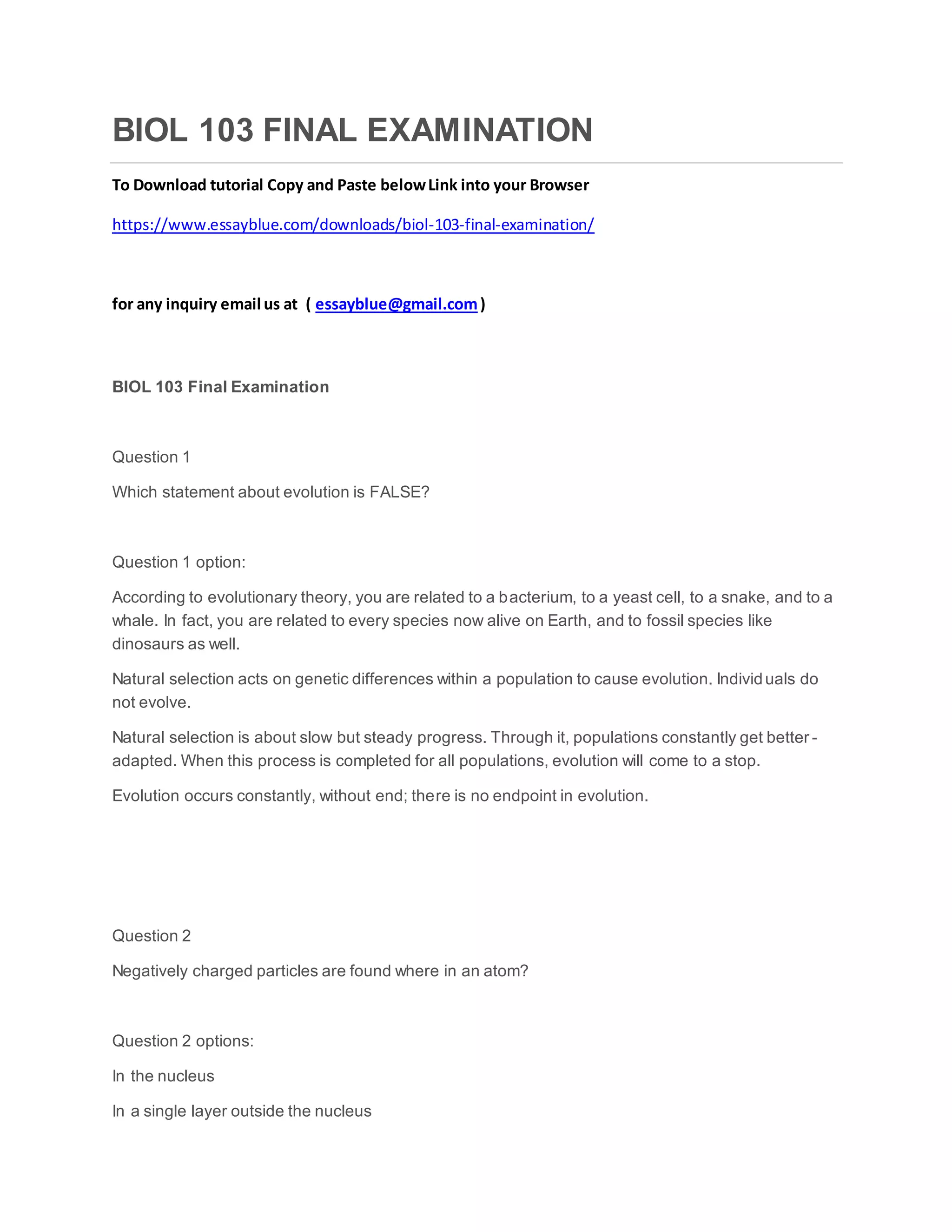 Biol 103 final examination | DOCX