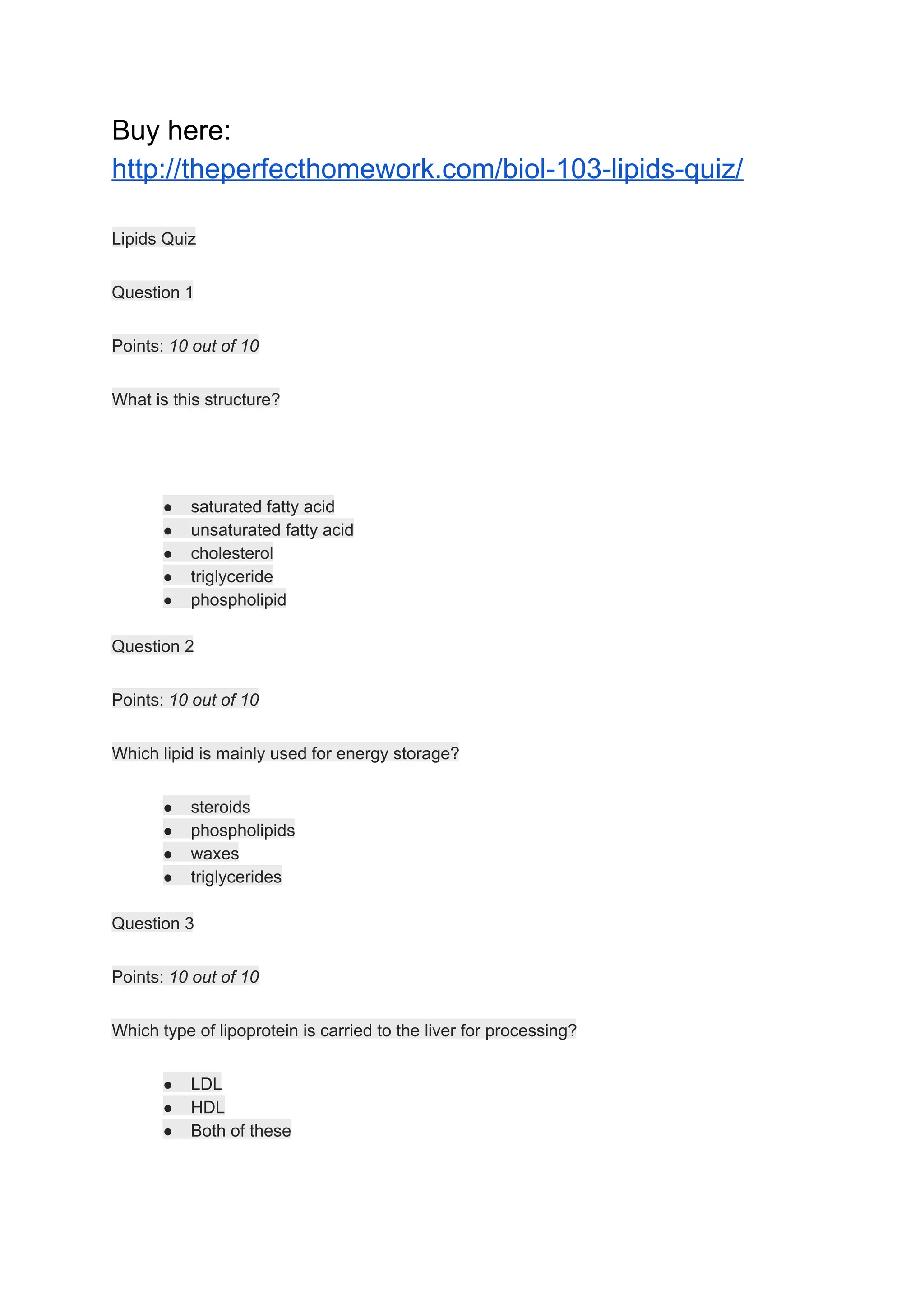 BIOL 103 LIPIDS QUIZ | PDF