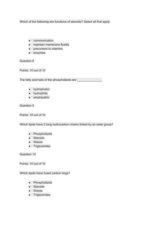 BIOL 103 LIPIDS QUIZ | PDF