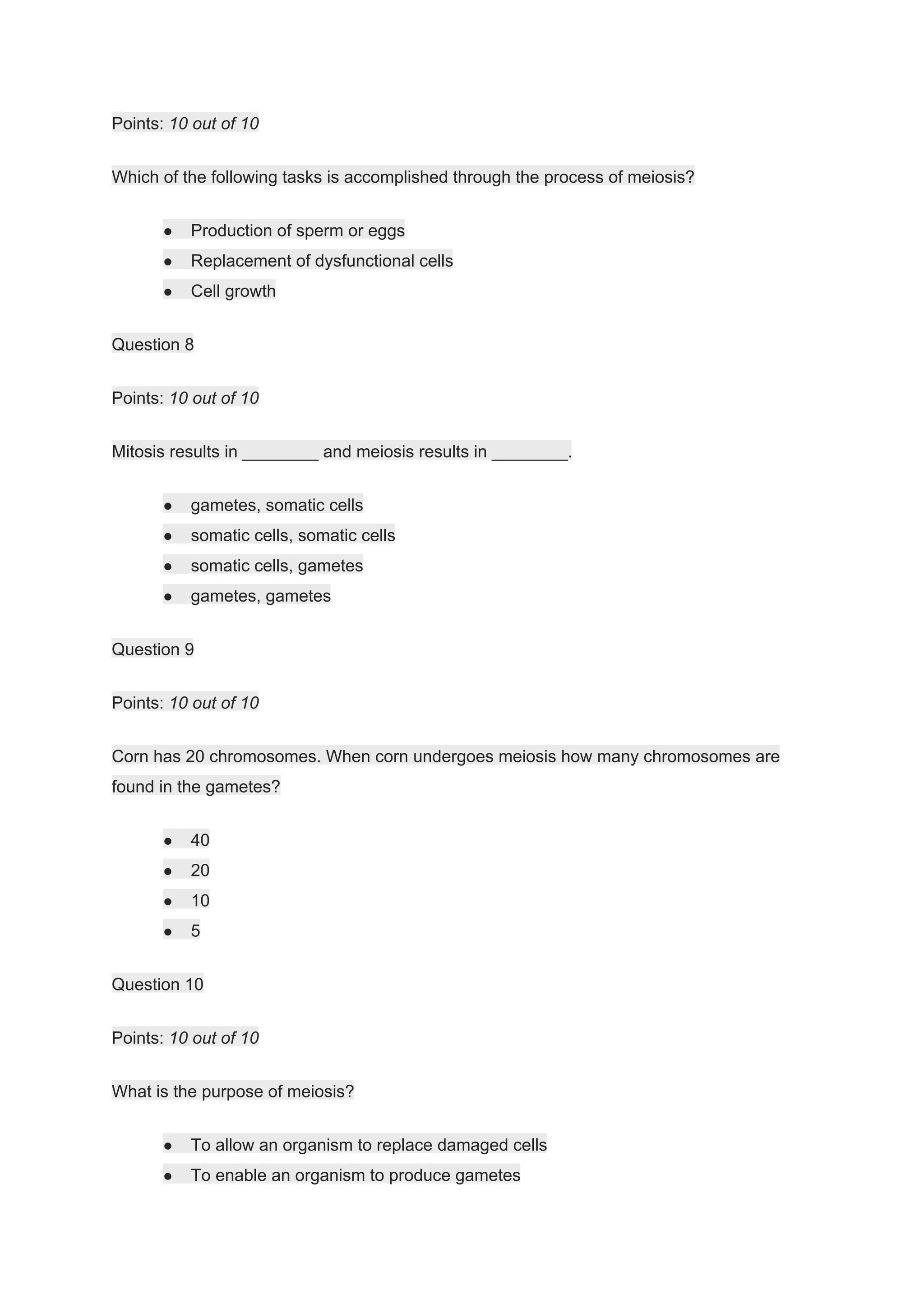 BIOL 103 MEIOSIS QUIZ | PDF