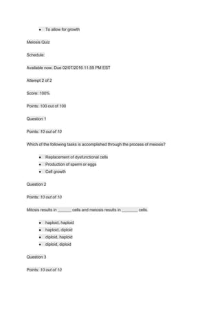 BIOL 103 MEIOSIS QUIZ | PDF