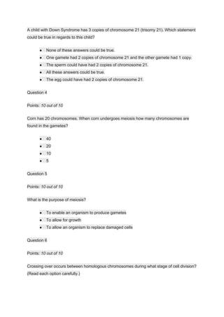 BIOL 103 MEIOSIS QUIZ | PDF