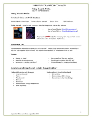 Biology Library Instruction Handout: September 2010 | PDF