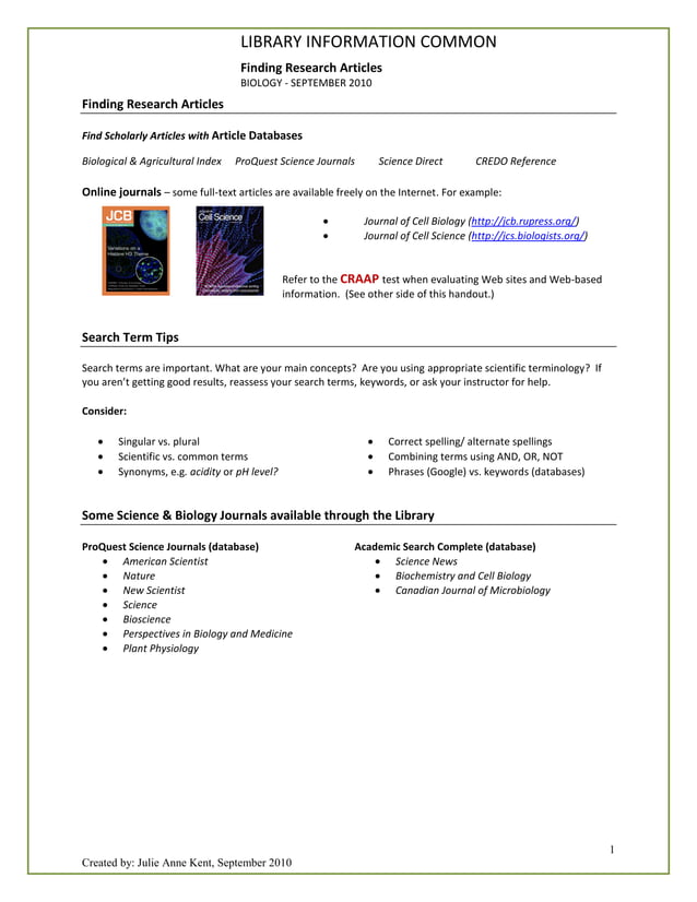 Biology Library Instruction Handout: September 2010 | PDF