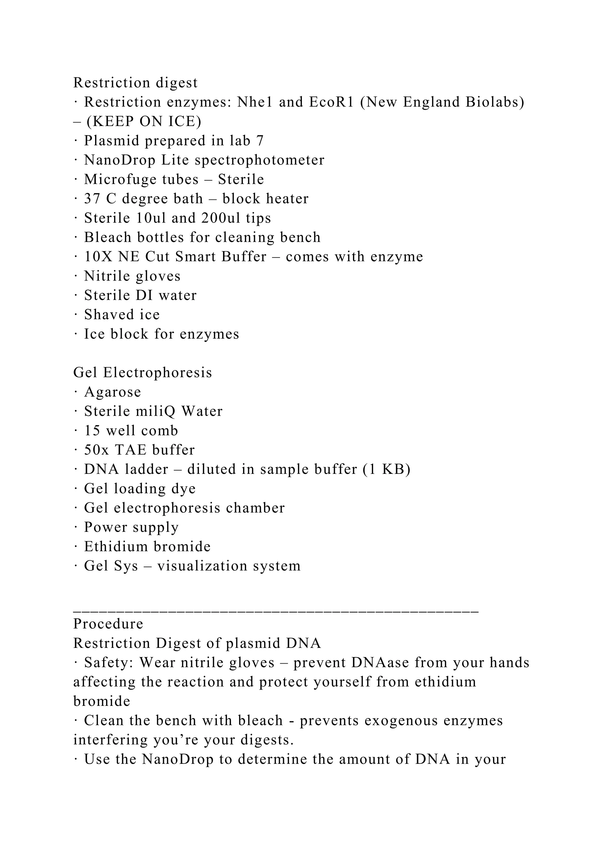 Biol 390 – Lab 8 Restriction Digest and Gel Electrophoresis .docx