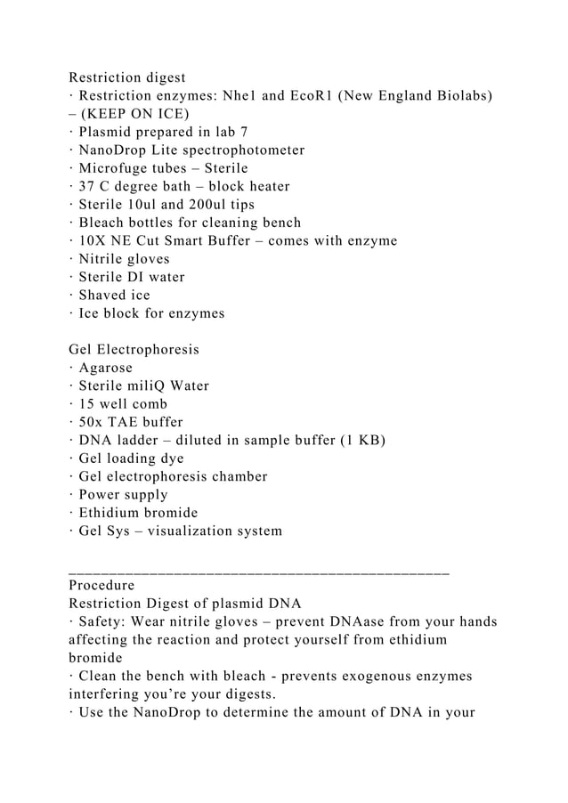 Biol 390 – Lab 8 Restriction Digest and Gel Electrophoresis .docx ...