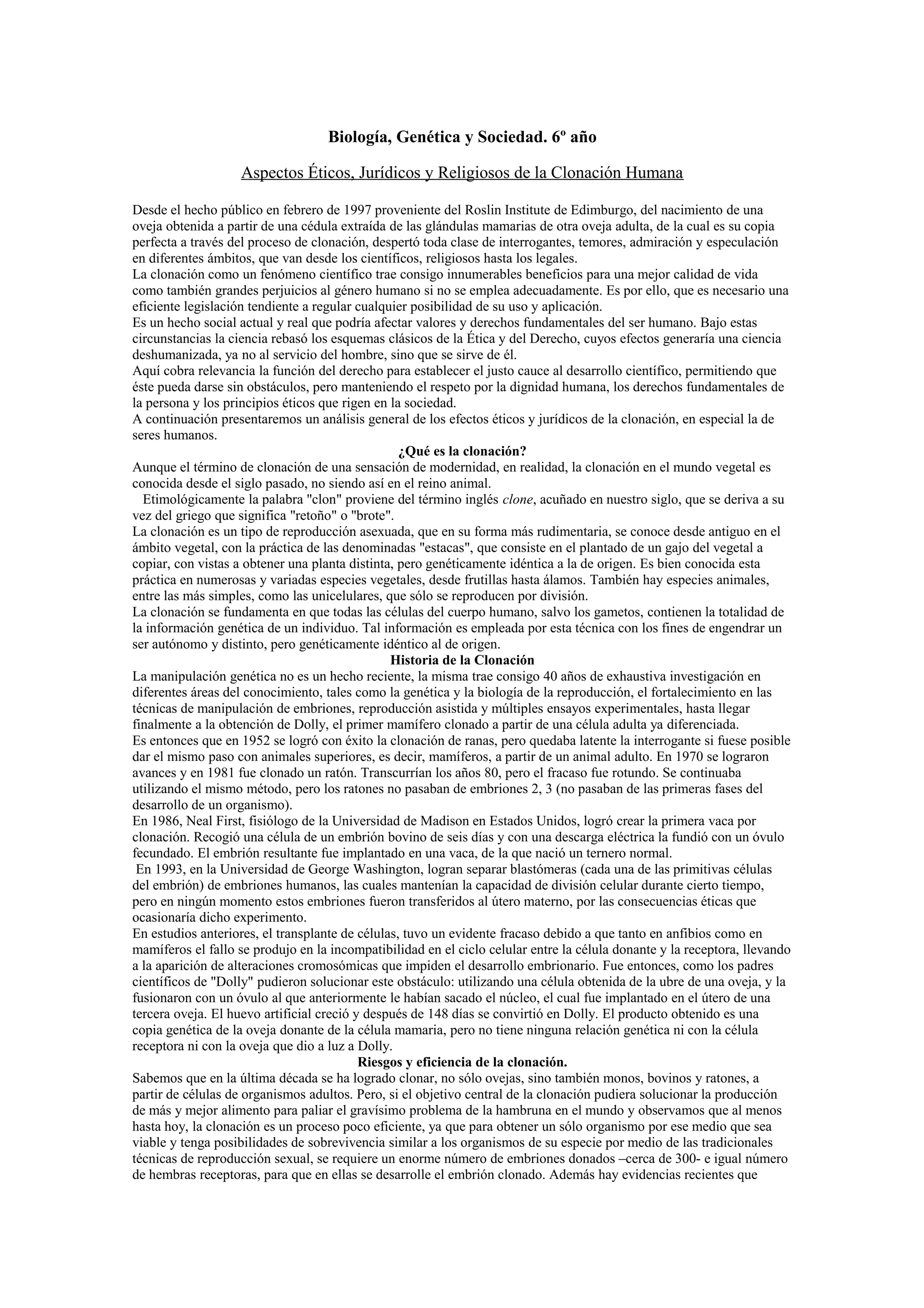 6º año Biología. Aspectos de la clonación | DOC
