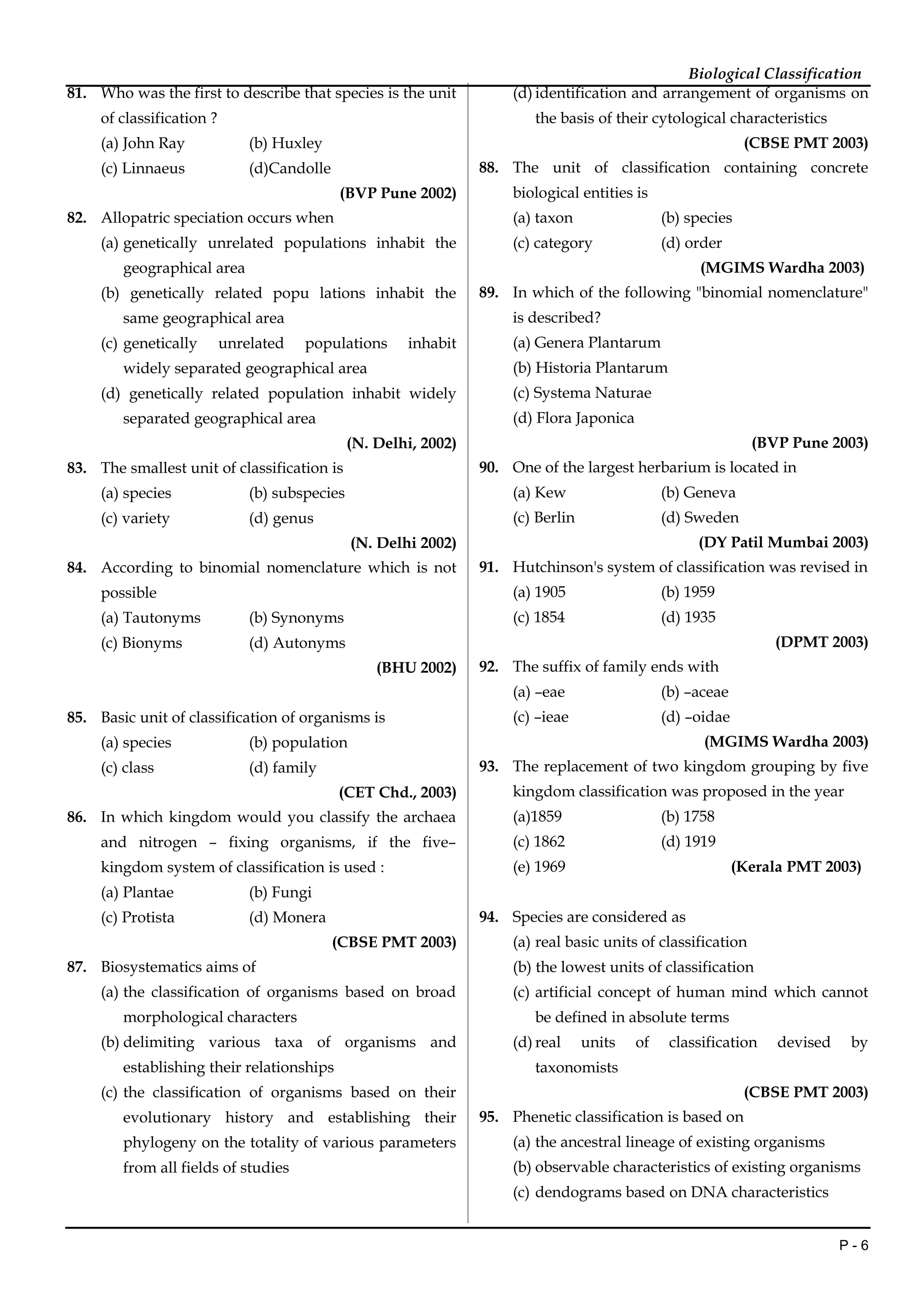Biological classification mcq | DOC