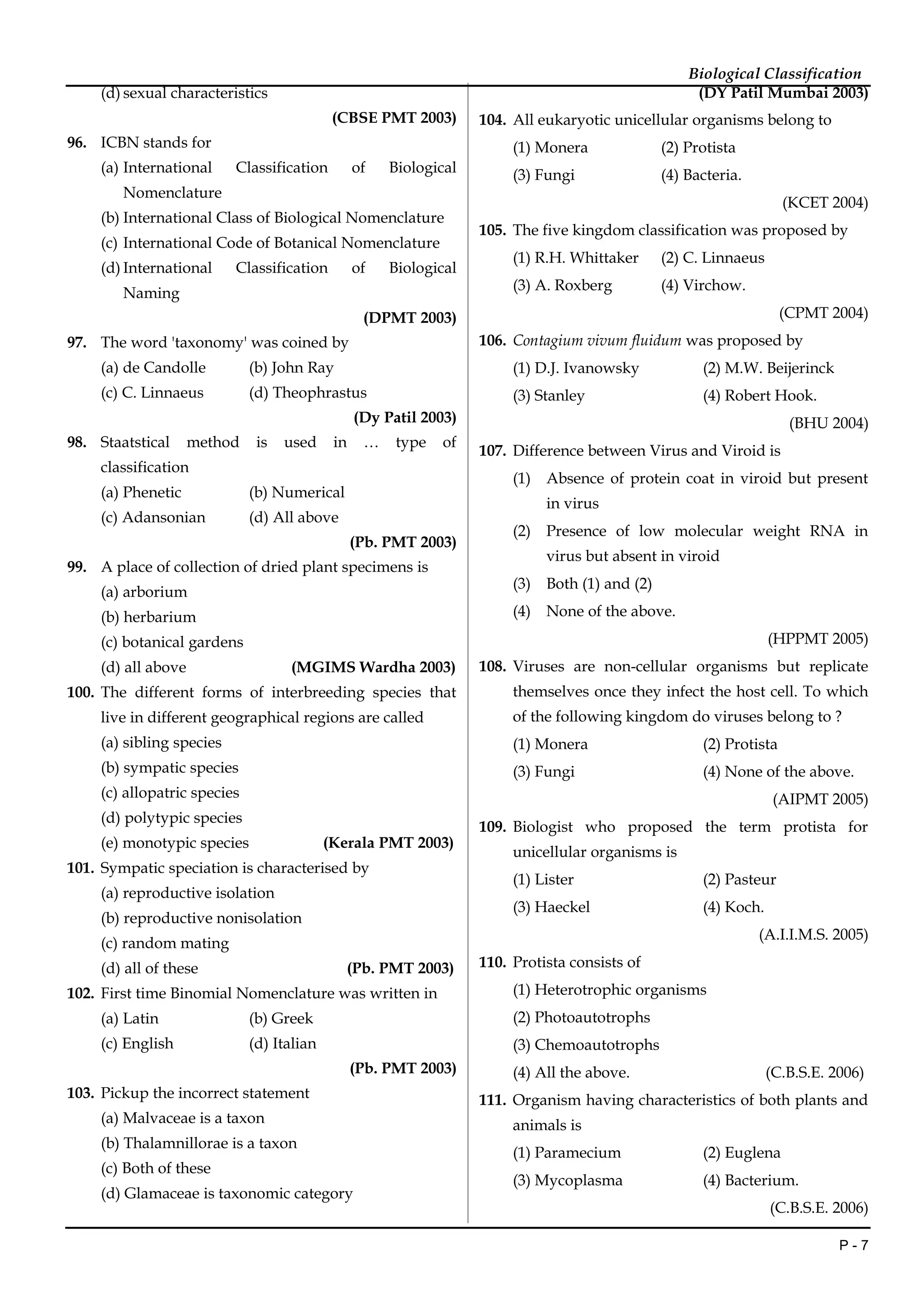 Biological classification mcq | DOC