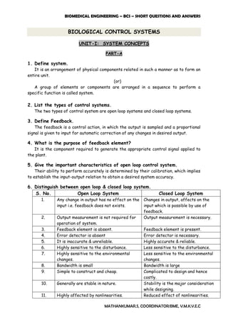 Biological Control Systems - Short Questions and Answers - Mathankumar ...