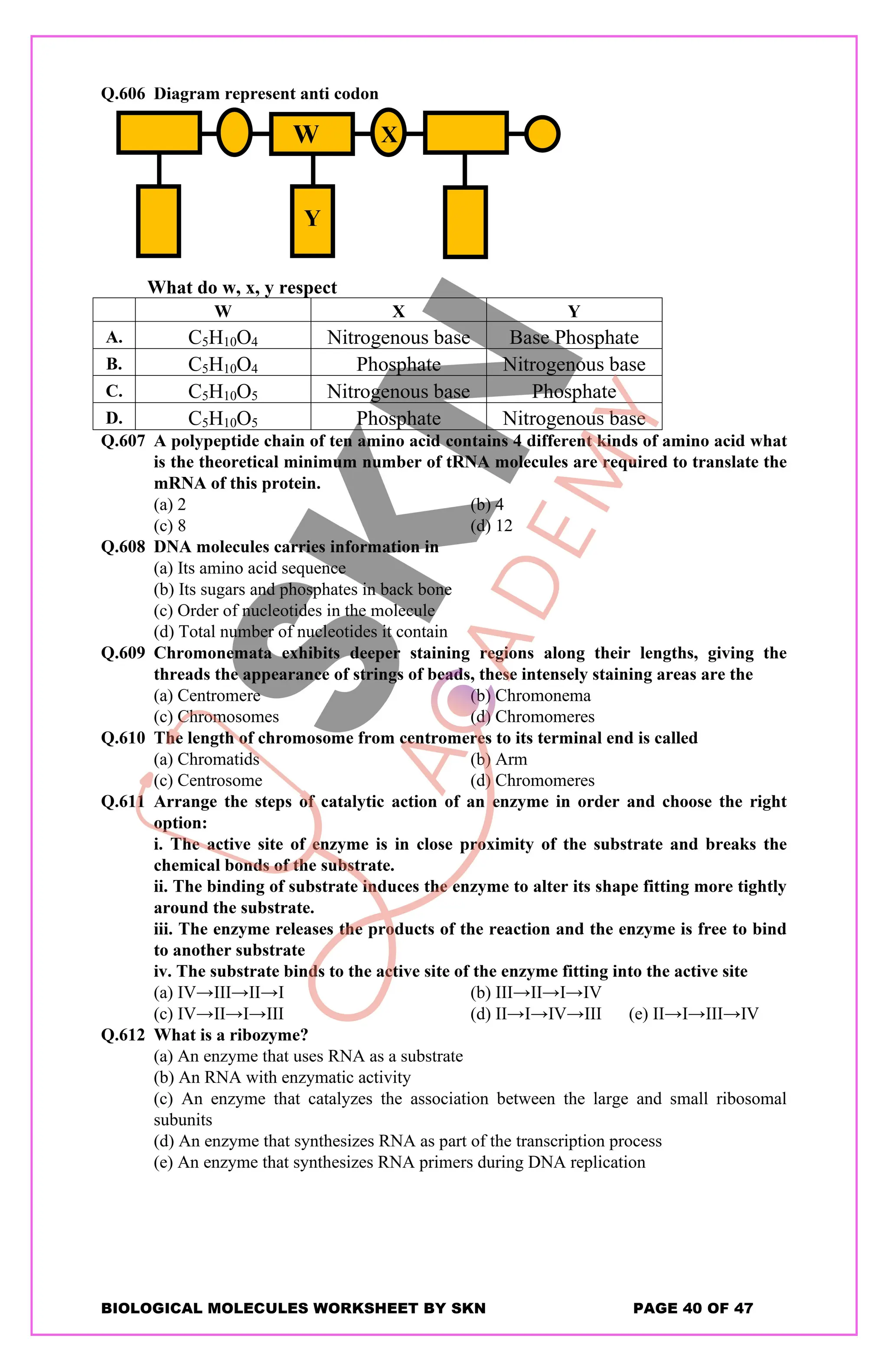 BIOLOGICAL MOLECULES 612 MCQS WORKSHEET | PDF