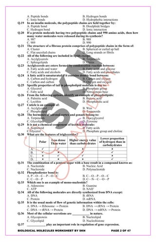 BIOLOGICAL MOLECULES 612 MCQS WORKSHEET | PDF