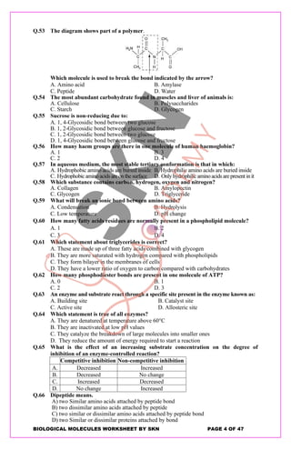 BIOLOGICAL MOLECULES 612 MCQS WORKSHEET | PDF