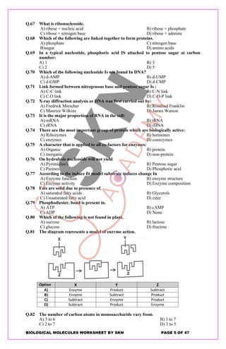 BIOLOGICAL MOLECULES 612 MCQS WORKSHEET | PDF
