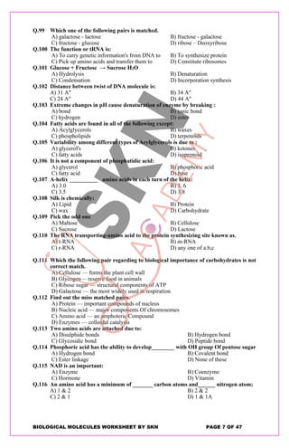 BIOLOGICAL MOLECULES 612 MCQS WORKSHEET | PDF