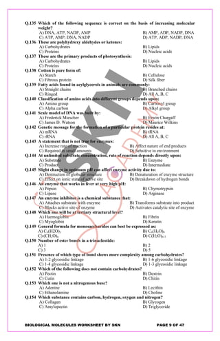 BIOLOGICAL MOLECULES 612 MCQS WORKSHEET | PDF