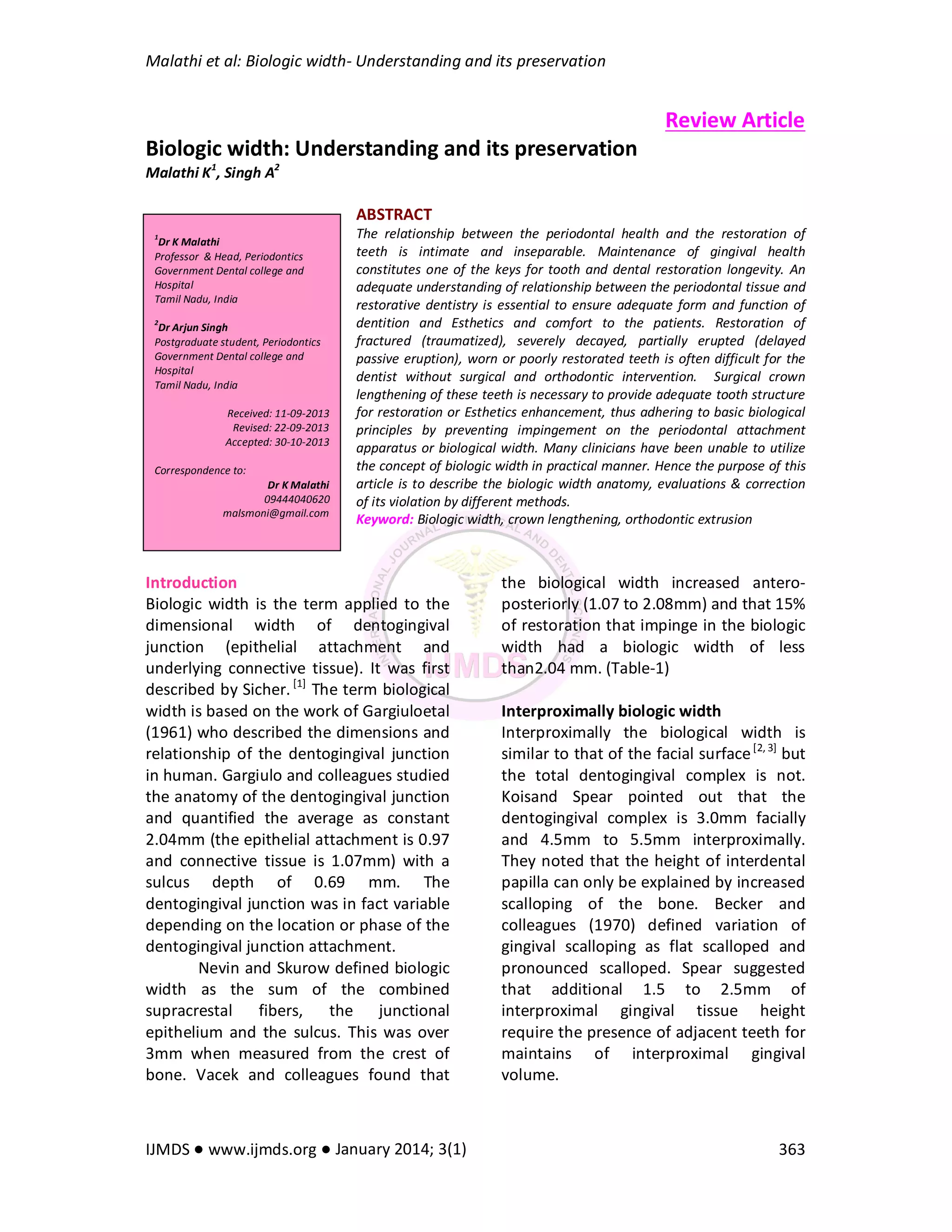 Biologic width understanding and its preservation | PDF