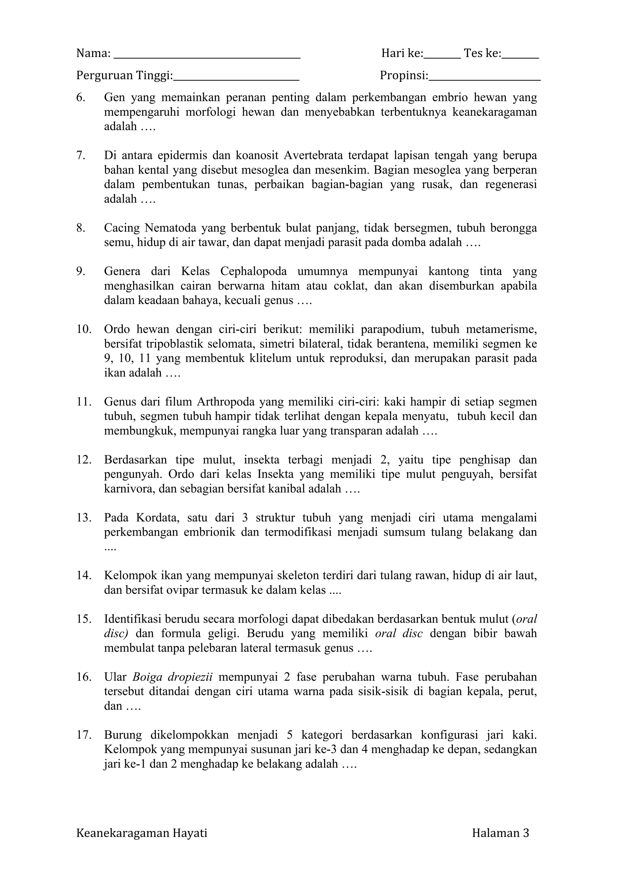 Soal ON MIPA-PT Biologi 2017 : Keanekaragaman Hayati | PDF