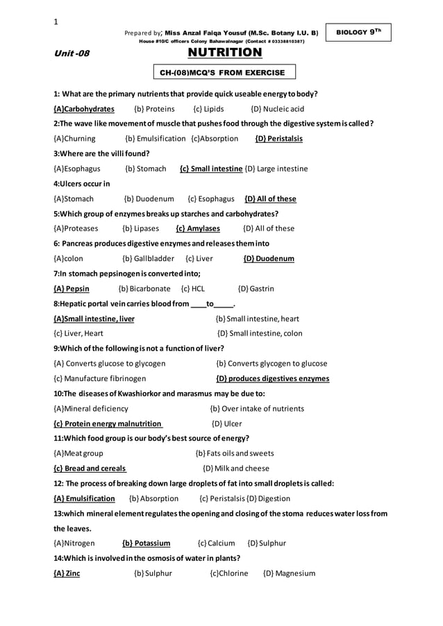 Biology 9 th ch-8-mcq | PDF