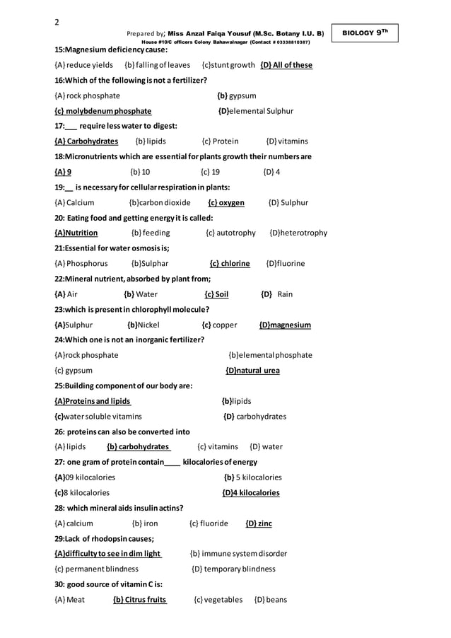 Biology 9 th ch-8-mcq | PDF