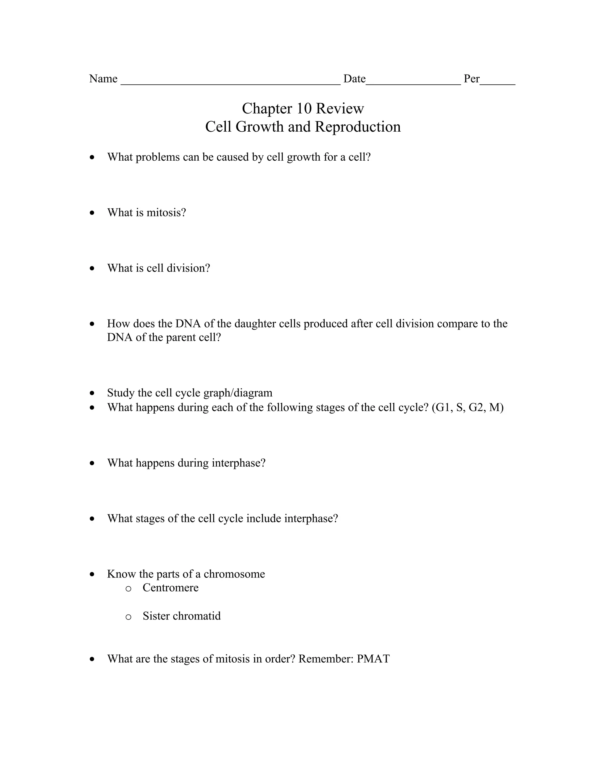 Biology - Chp 10 - Cell Growth and Reproduction - Study Guide | DOC