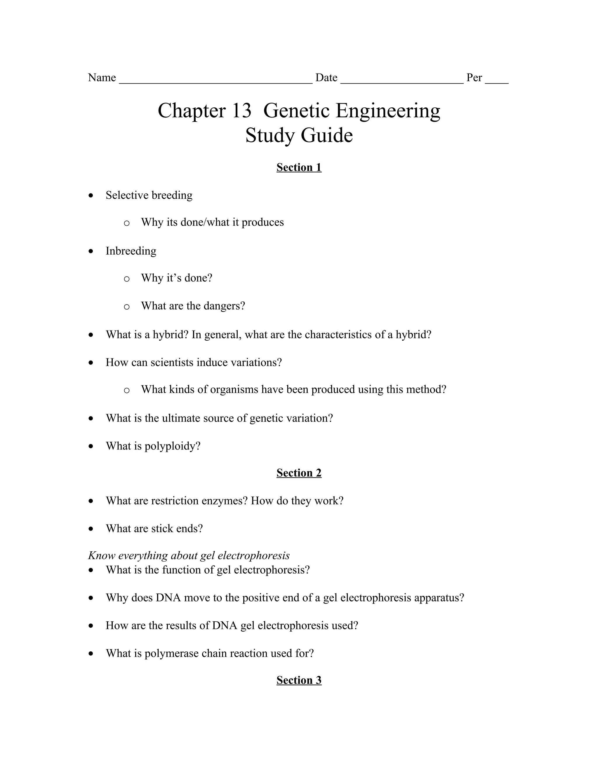 Biology - Chp 13 - Genetic Engineering - Study Guide | DOC