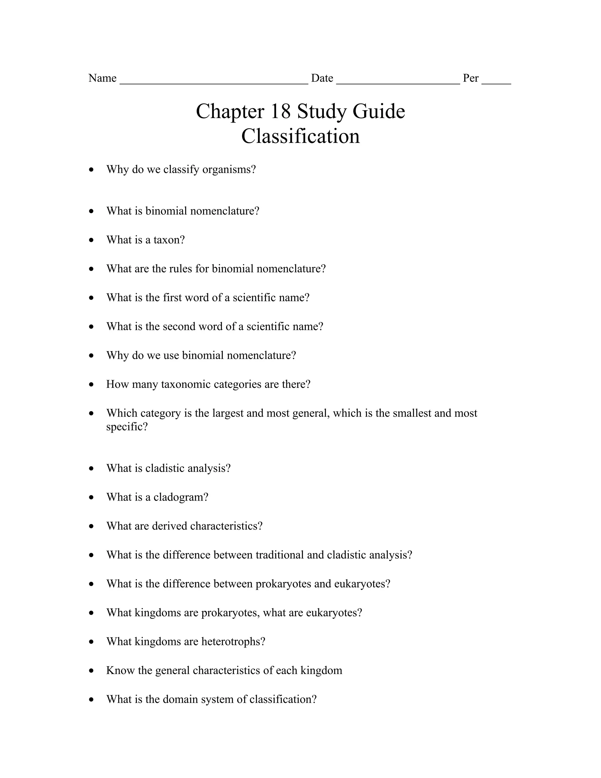 Biology - Chp 18 - Classification - Study Guide | DOC