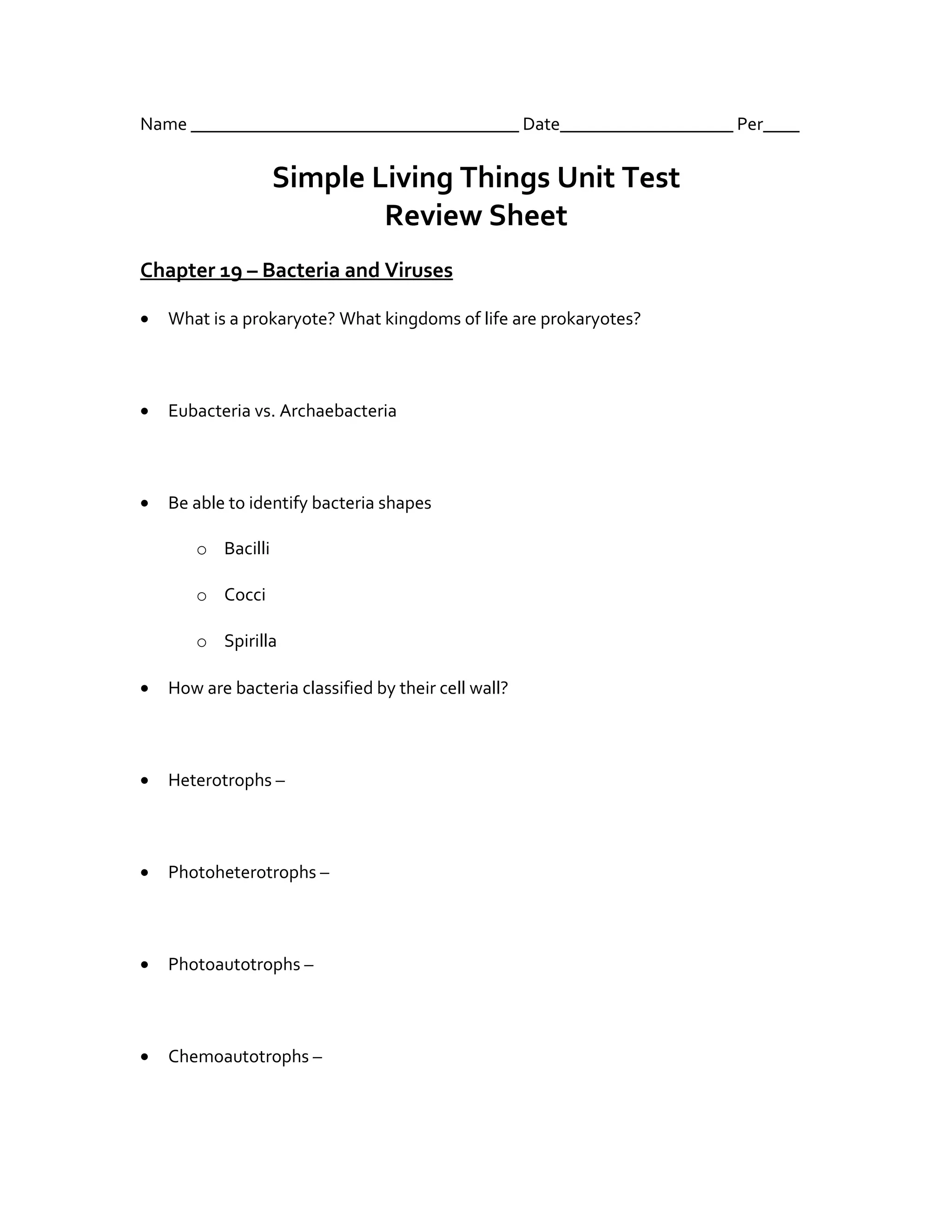Biology - Chp 19-21 - Simple Living Things - Study Guide | DOC