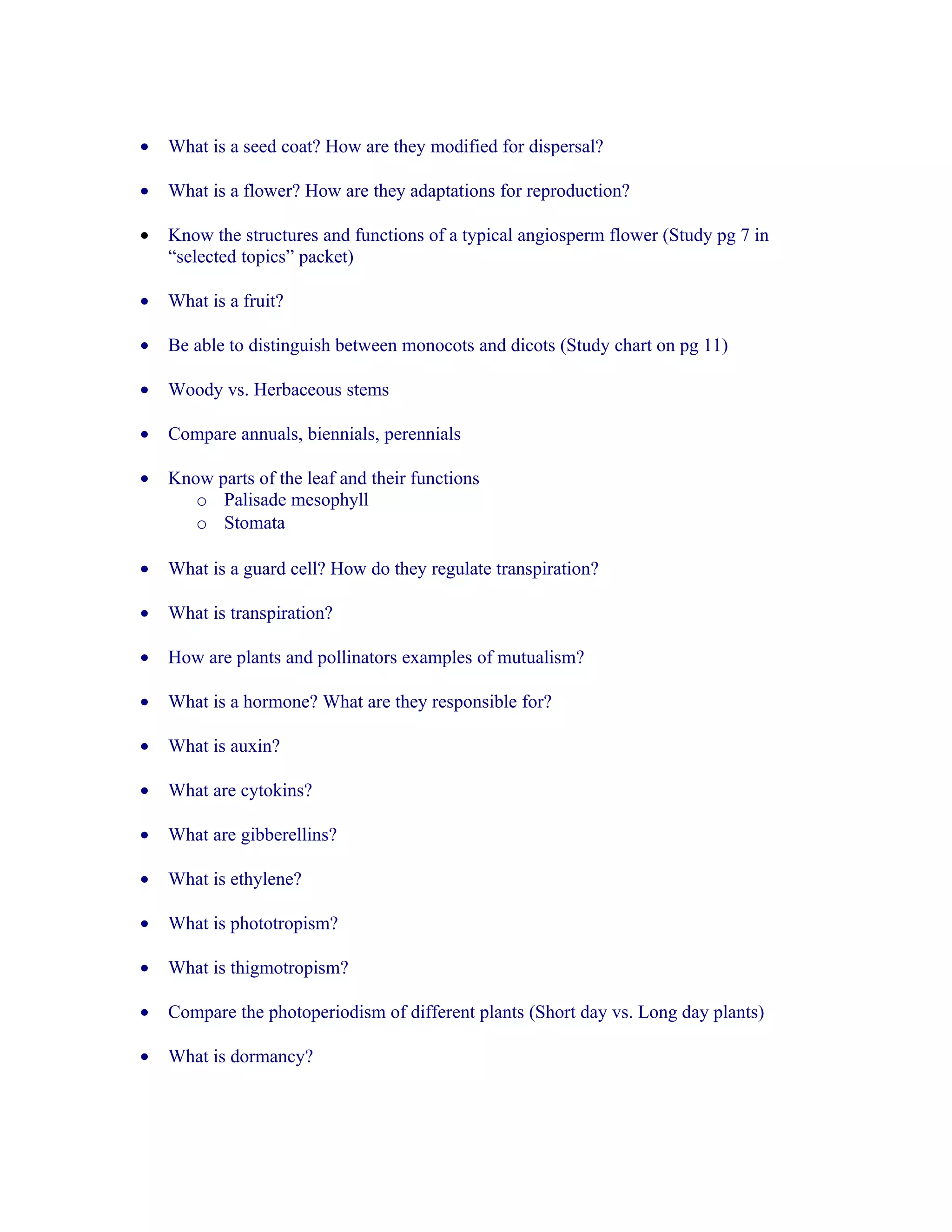 Biology - Chp 22-25 - Plants - Study Guide | DOC