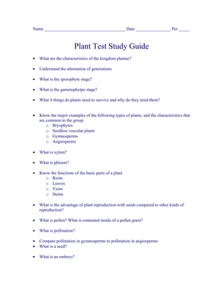 Biology - Chp 22-25 - Plants - Study Guide | DOC