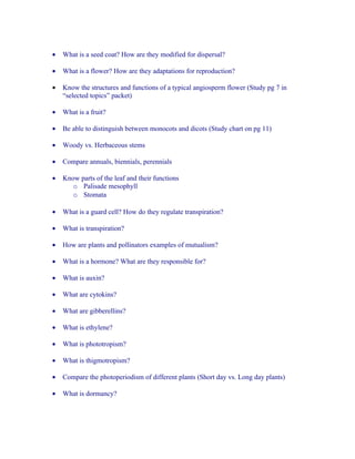 Biology - Chp 22-25 - Plants - Study Guide | DOC