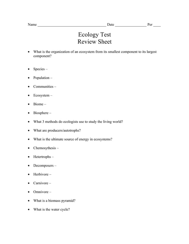 Biology - Chp 3-4 - Ecology - Study Guide | PDF