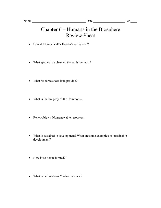 Biology - Chp 6 - Humans in the Biosphere - Study Guide | DOC ...