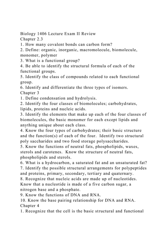 Biology 1406 Lecture Exam Ii Reviewchapter 2 31 How Many Cova Docx