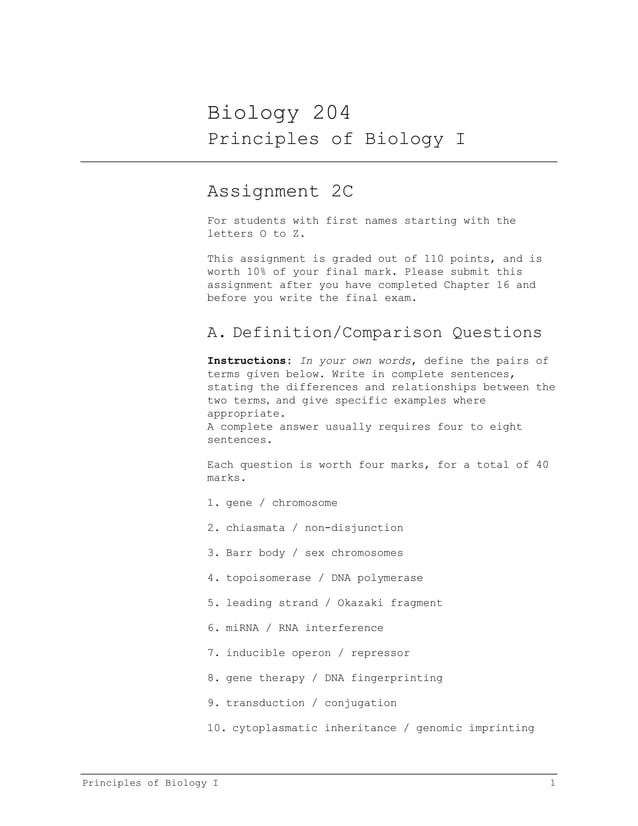 Biology 204 Principles of Biology I Assignment 2C | PDF | Genetics | Science